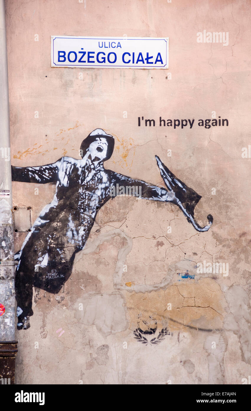 Singing in the rain I'm happy again street graffiti artwork on wall at ...