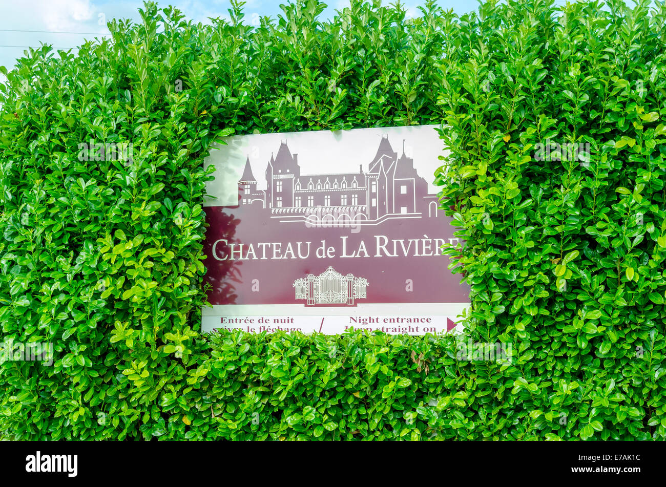 Sign at the entrance to Chateau de la Riviere in the Fronsac region of ...