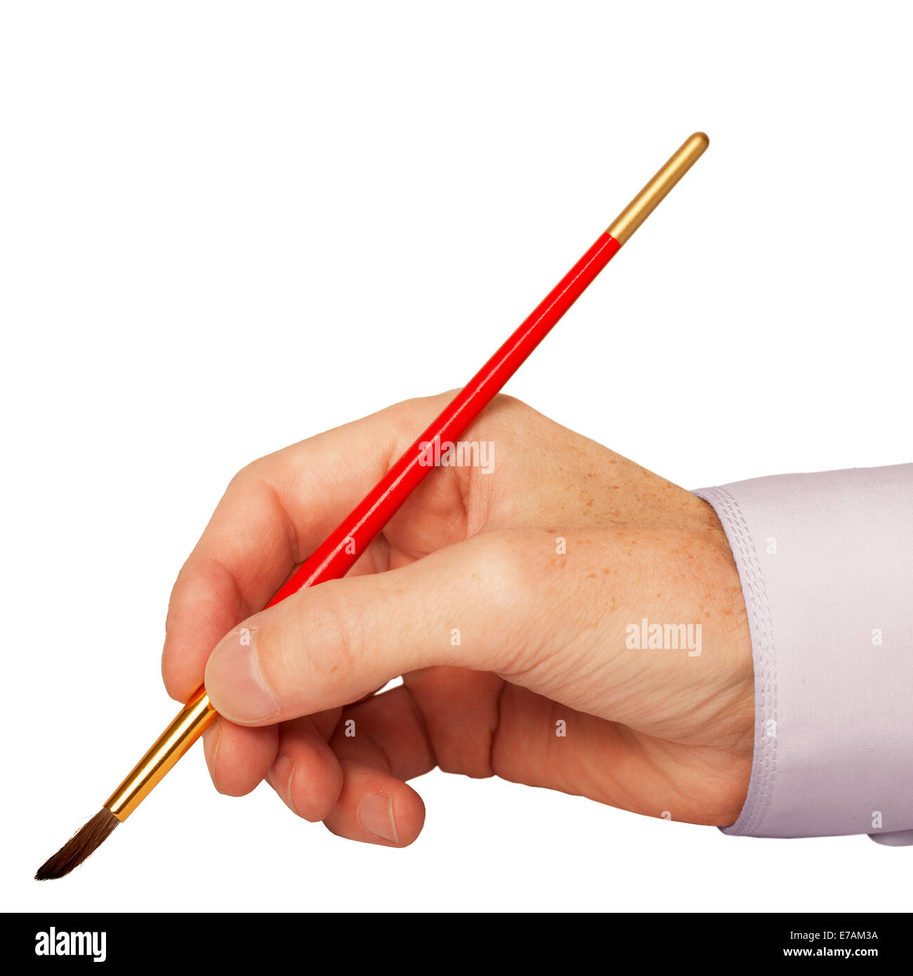 The artist's hand with a small brush isolated on white background Stock ...