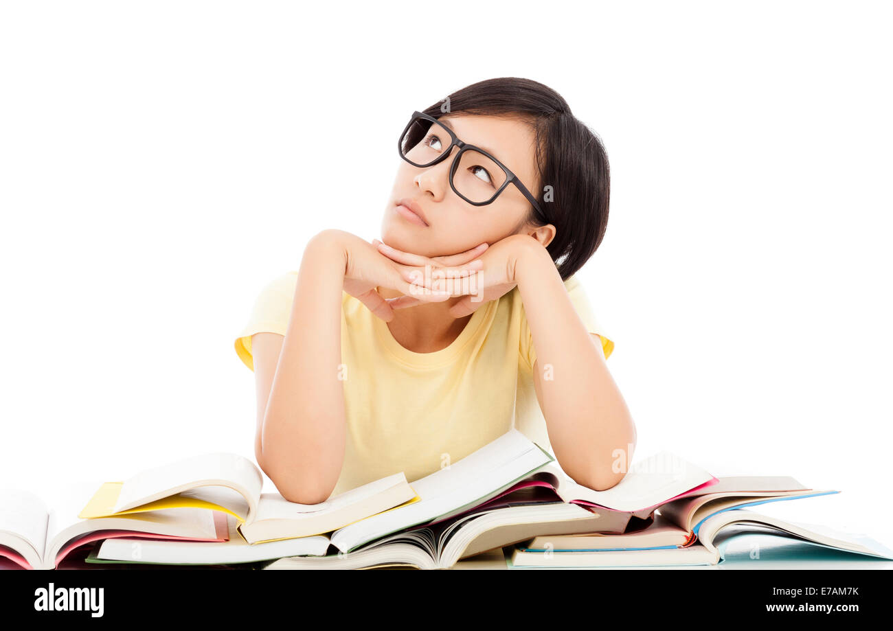young student girl thinking with book on the desk Stock Photo - Alamy
