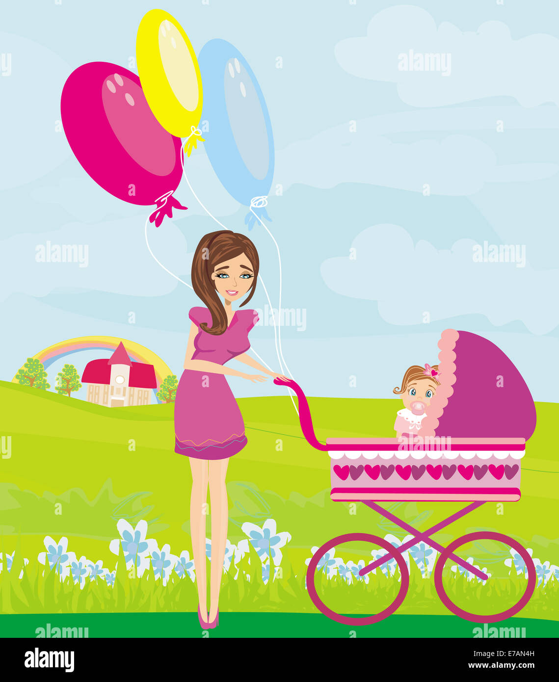 Cartoon mother pushing baby stroller hi-res stock photography and ...