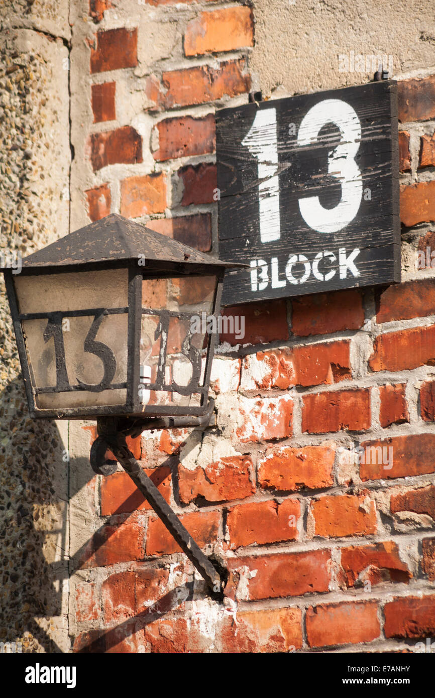 Entrance lamp and sign to block 13 at the Auschwitz concentration camp ...