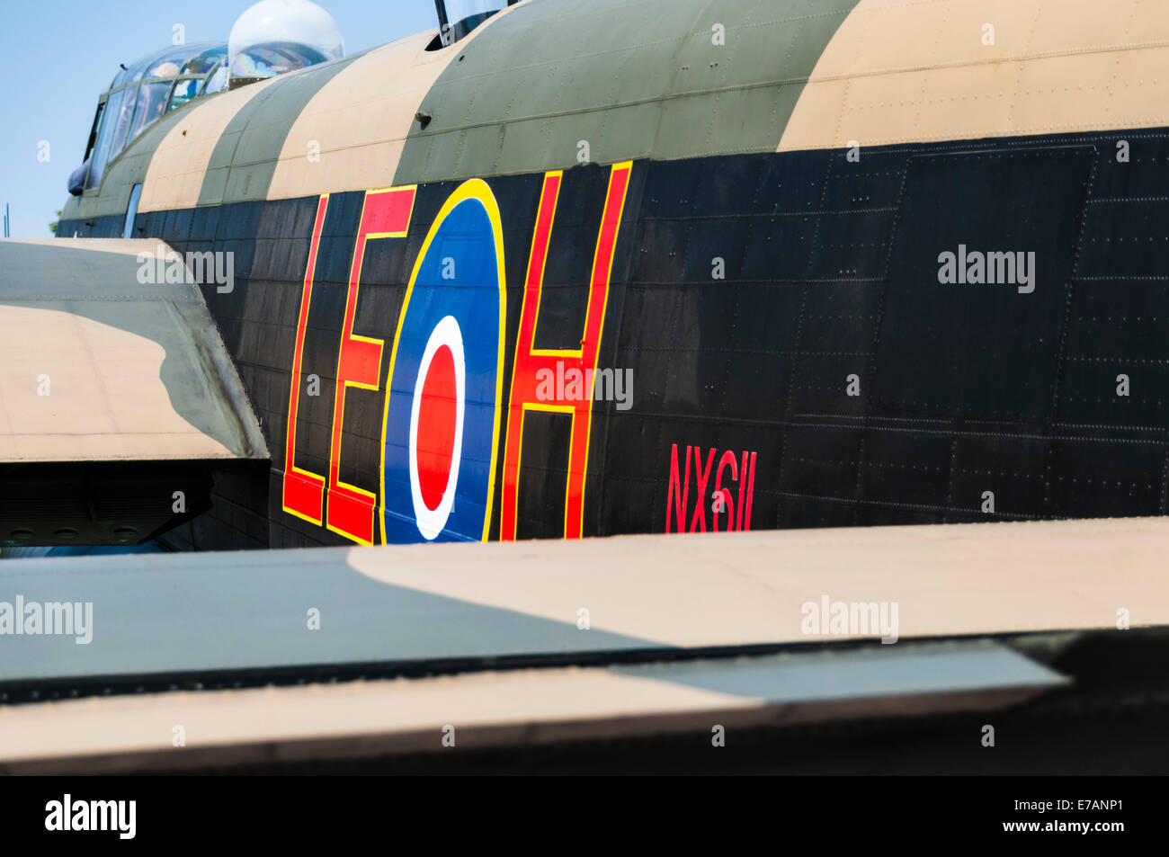 Closeup view along the side of a World War 2 Lancaster Bomber aeroplane ...