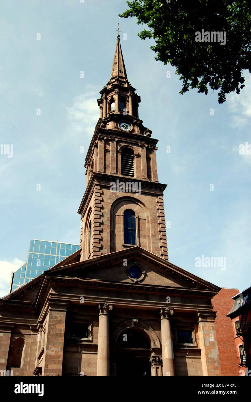 BOSTON, MASSACHUSETTS: Spire and neo-classical sandstone facade of the ...