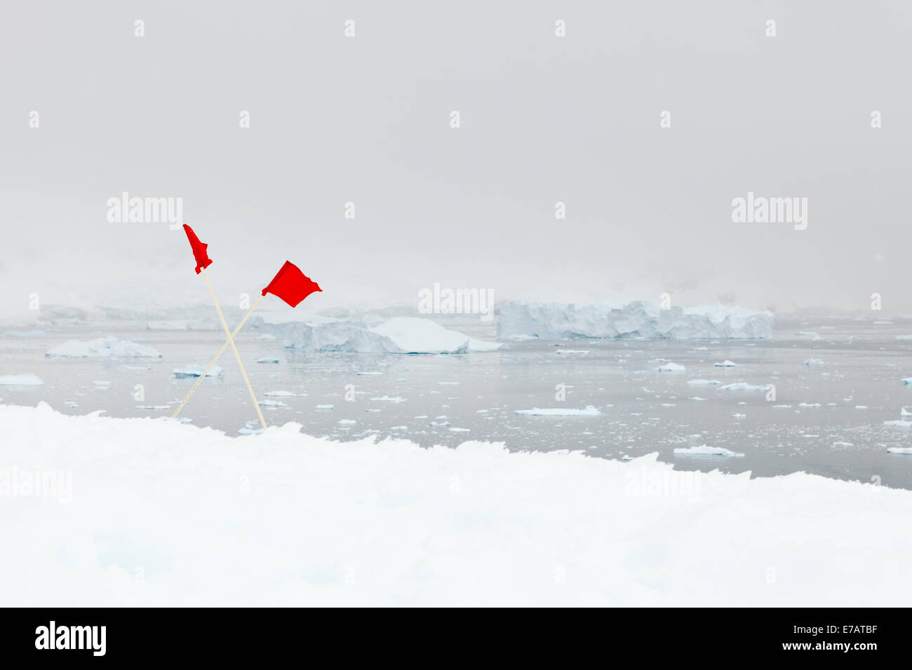 Warning flags on a snowy cliff. Floating icebergs at Neko Harbour ...