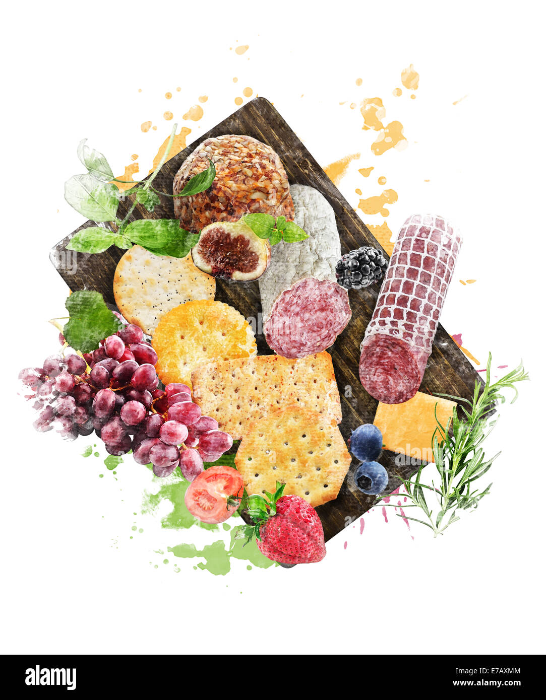 Watercolor Digital Painting Of Appetizers On A Cutting Board Stock ...