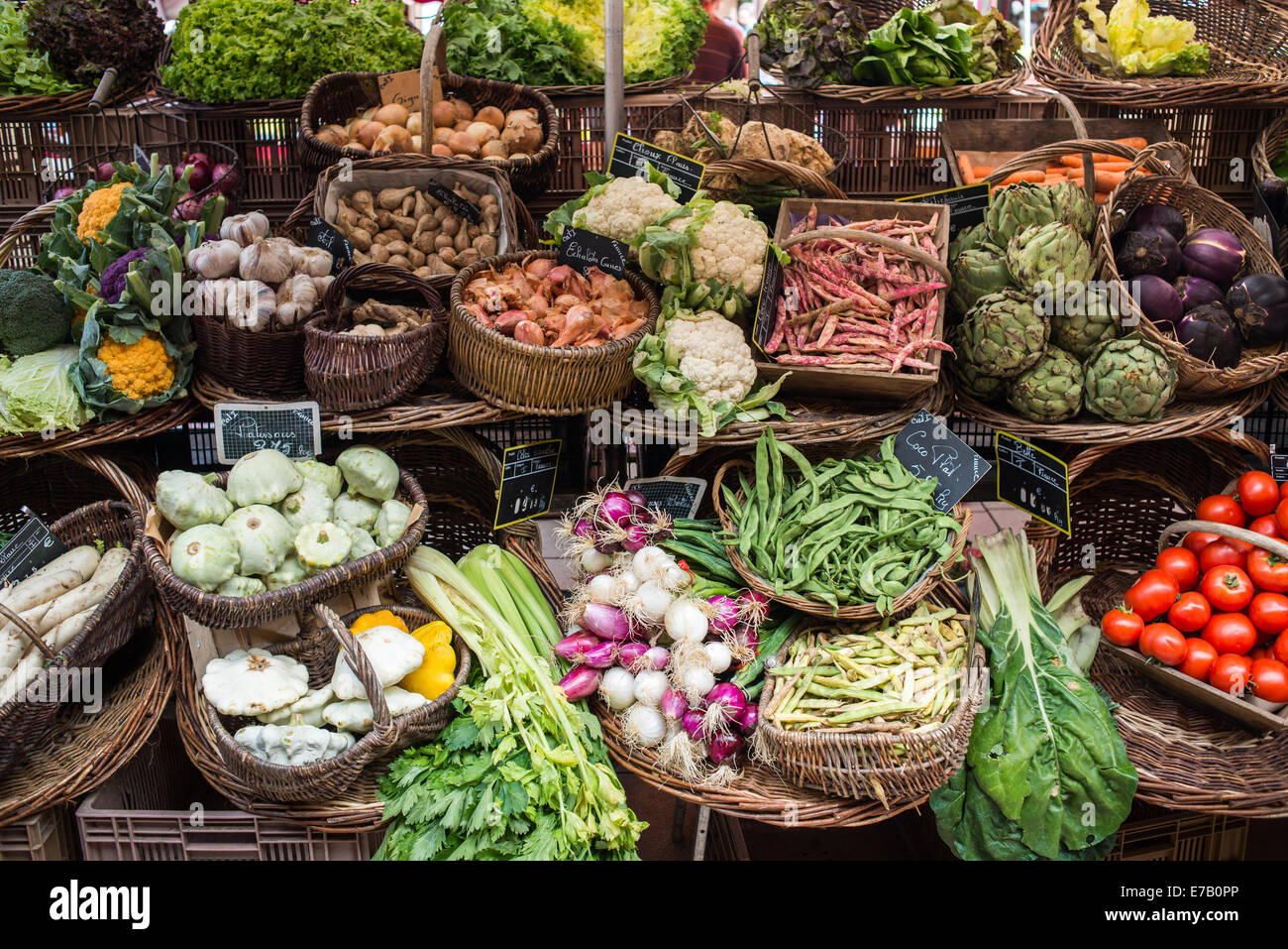 various colorful Vegetables in baskets at Market, Beaune, Dordogne ...