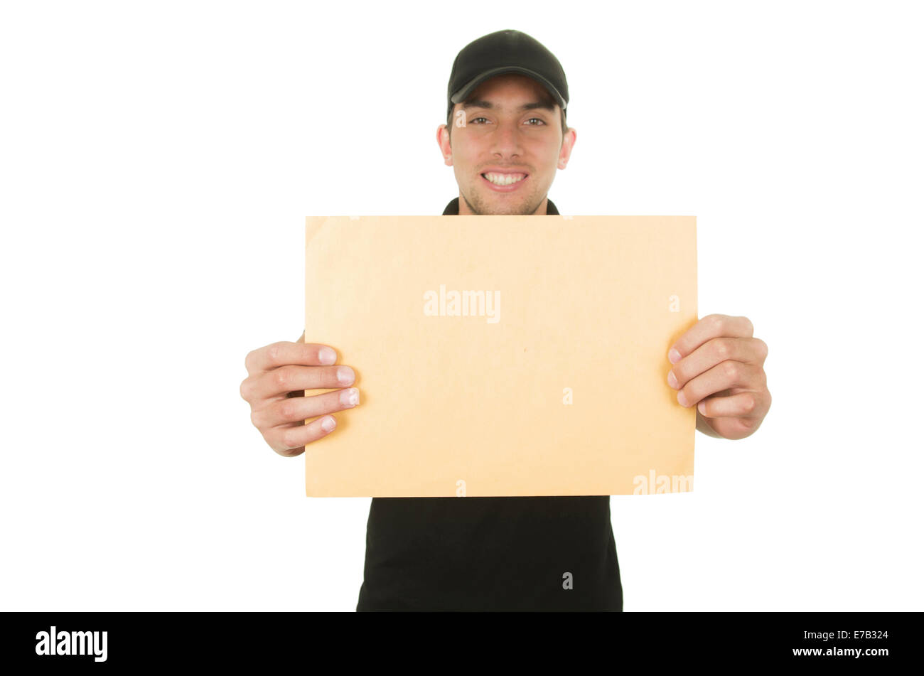 happy friendly confident delivery man holding manila envelope Stock ...