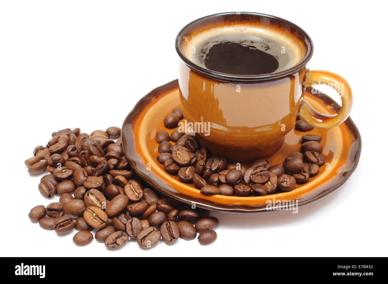 Heap of coffee grains and cup of hot beverage, cup of coffee. Isolated ...
