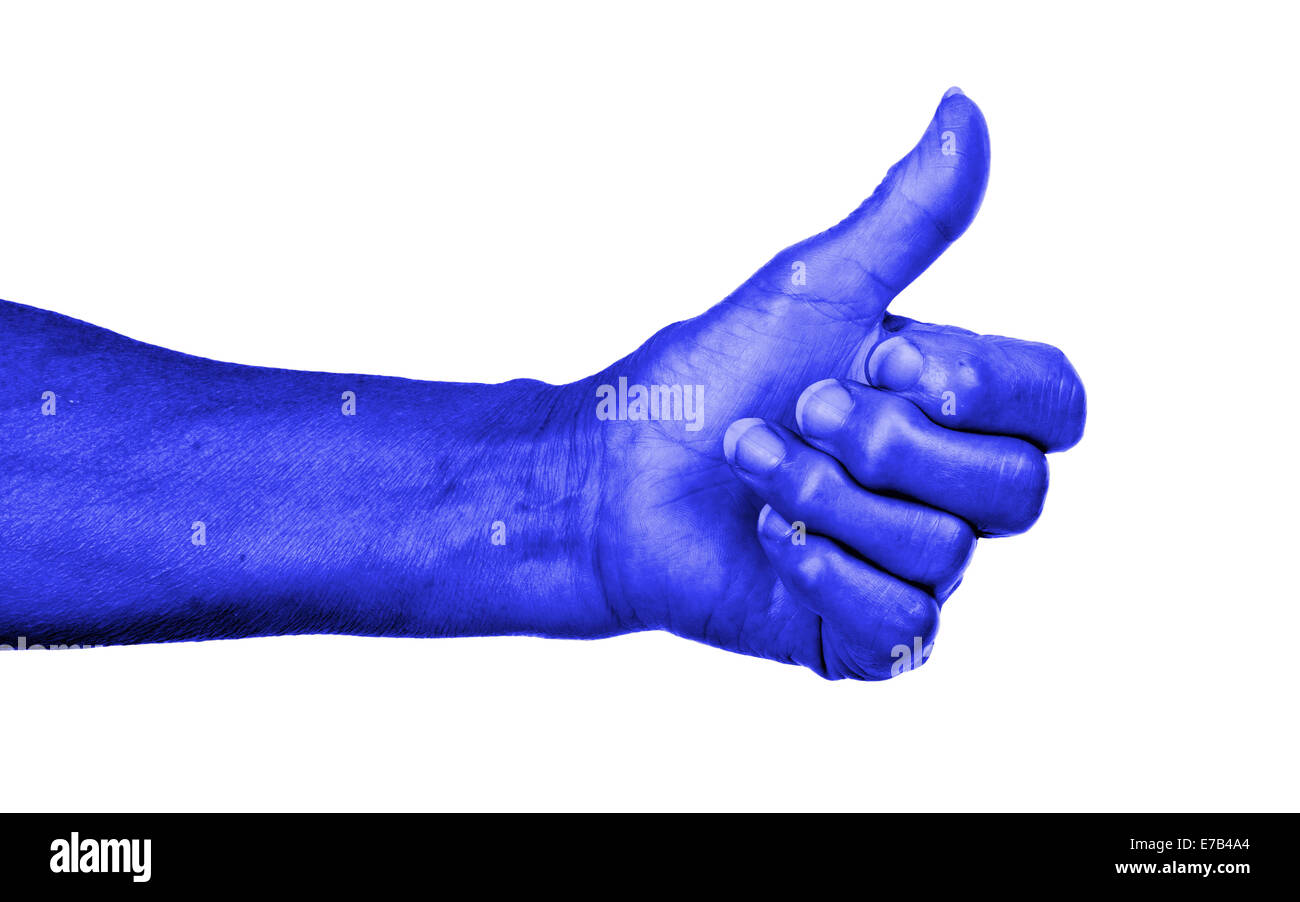 Old woman with arthritis giving the thumbs up sign, blue skin Stock ...