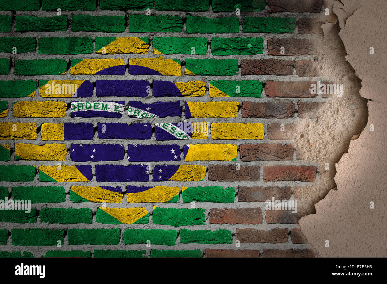 Dark brick wall texture with plaster - flag painted on wall - Brazil ...
