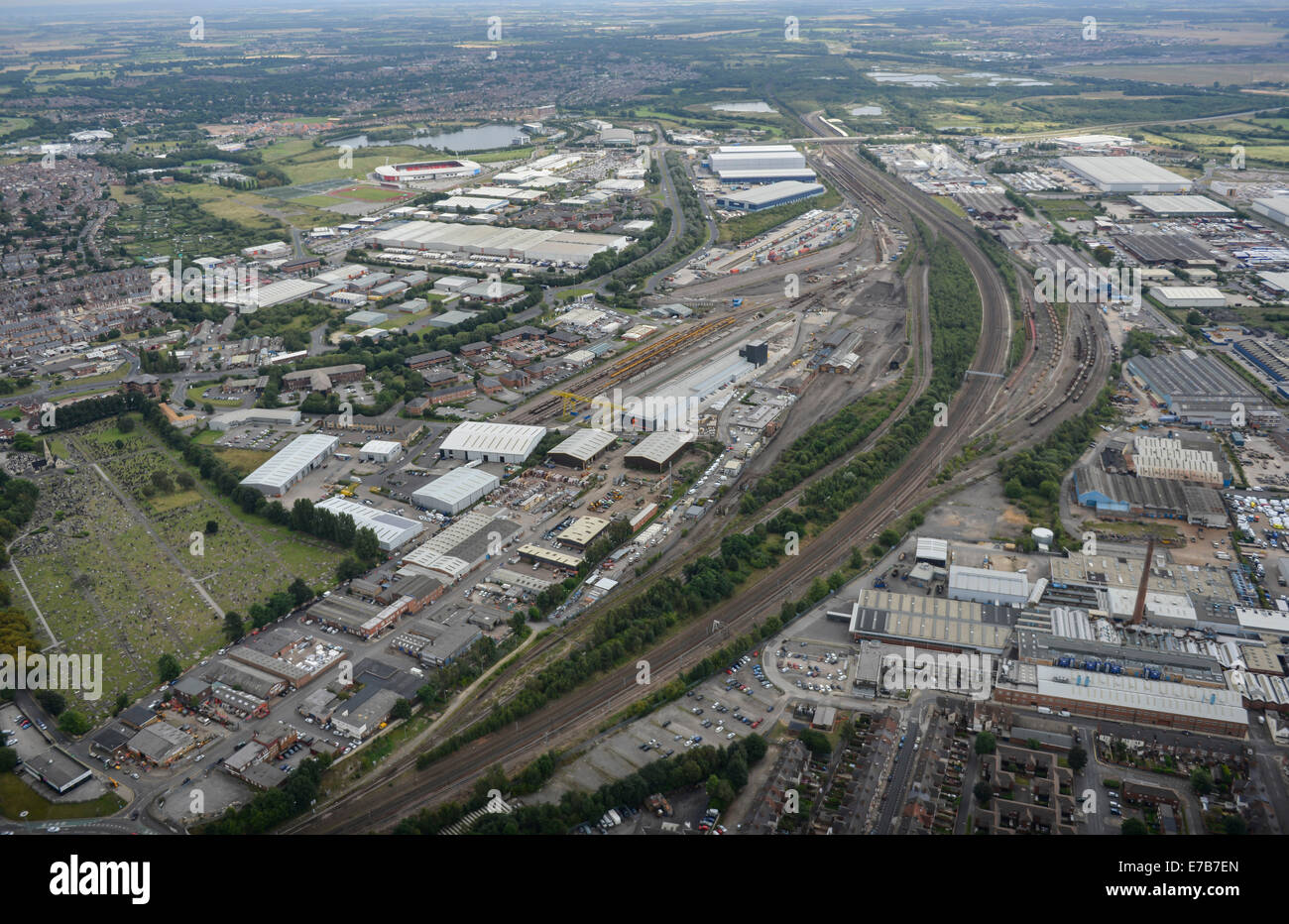 An aerial view of the industrial areas and freight yards around the ...