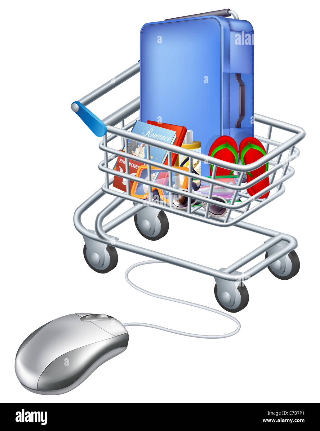 Mouse connected to holiday shopping cart illustration of a computer ...