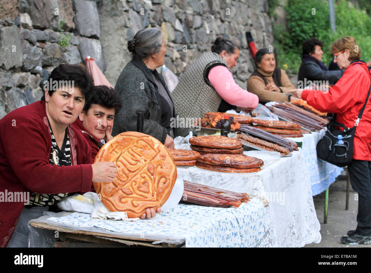 Armenia, Azat Valley, Monastery of Geghard, Women sell traditional ...