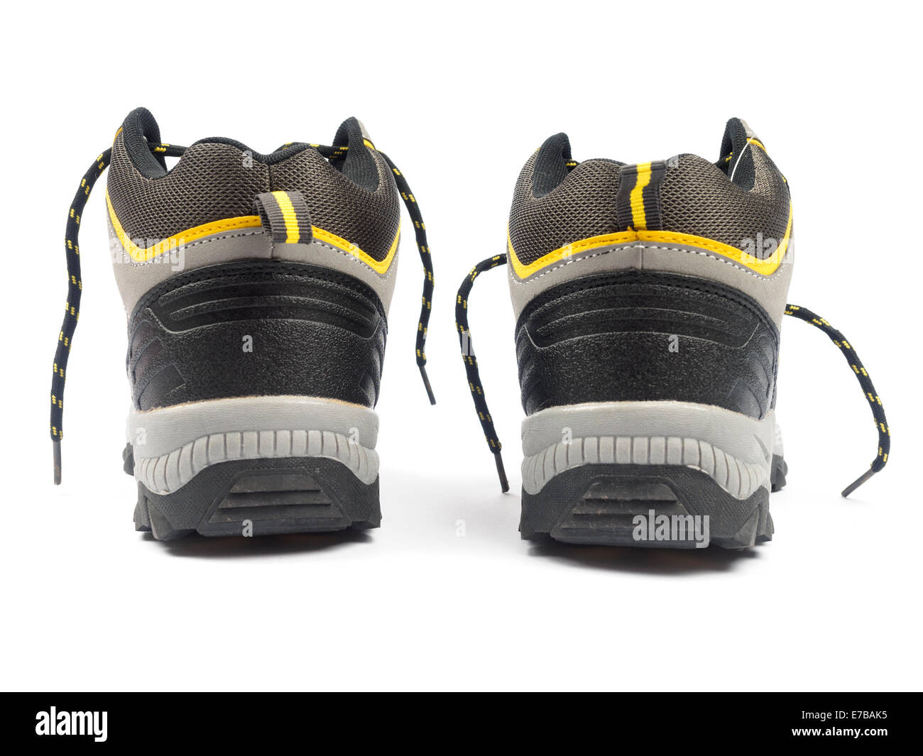 Rear view of a pair of walking boots isolated on white background Stock ...