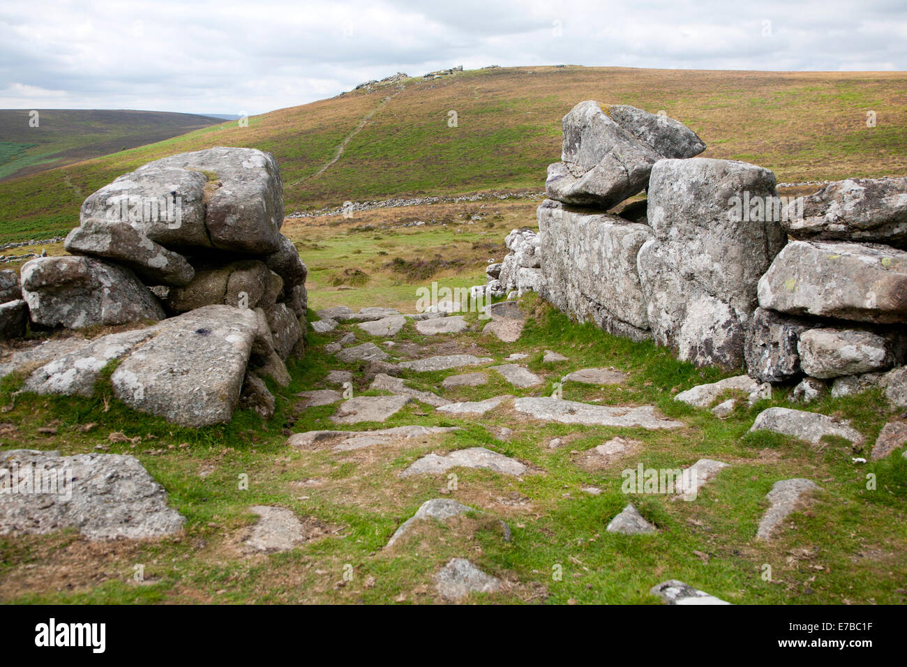 Entrance to the late Bronze age enclosed settlement site of Grimspound ...