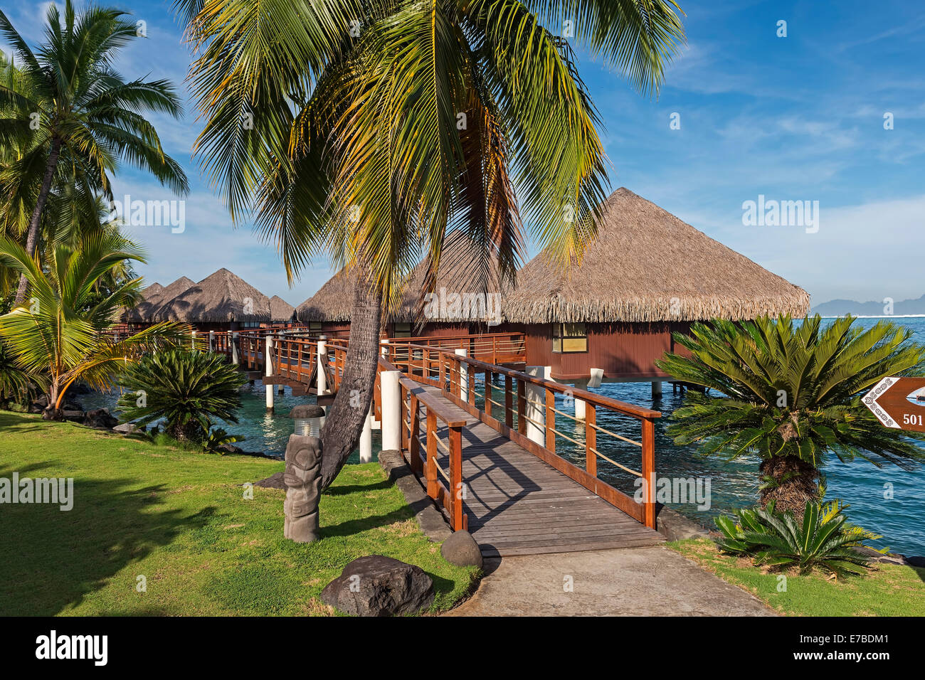 Bridge to overwater bungalows, Moorea, French Polynesia Stock Photo - Alamy