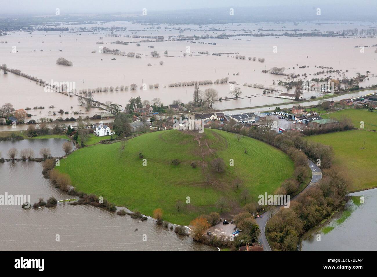 Aerial views of Burrow Mump, in Burrowbridge, on the flooded Somerset ...