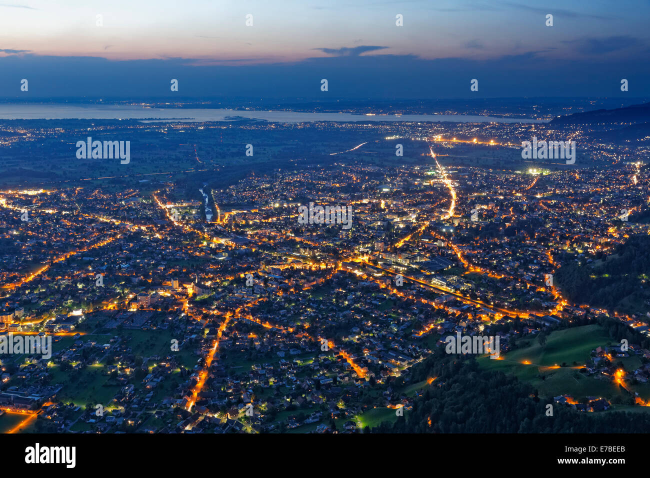 Townscape of Dornbirn in the evening, Lake Constance at the back, seen ...