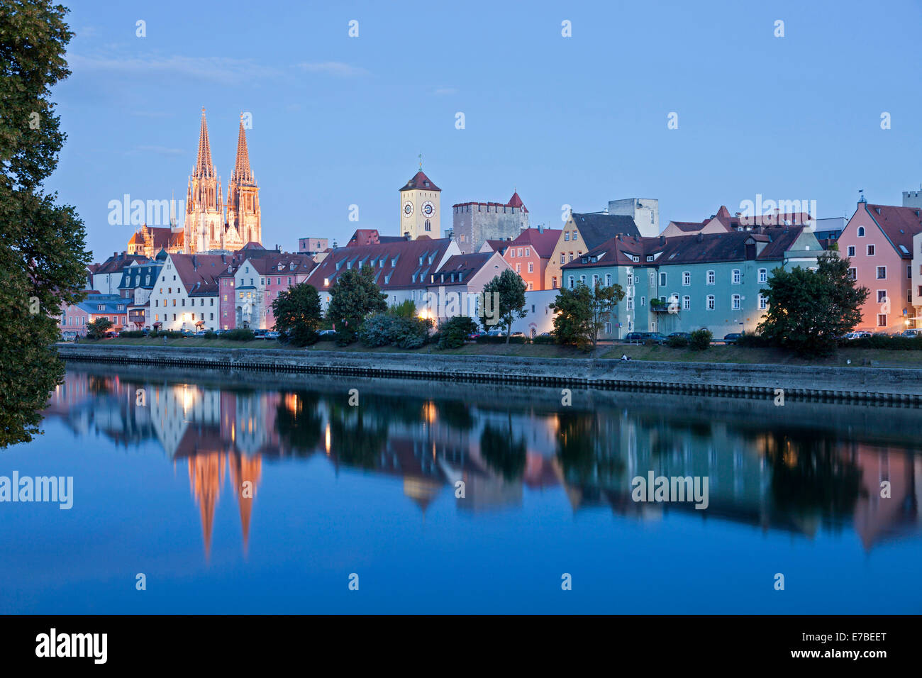 Cityscape with the Danube, historic centre, the clock tower of the Old ...