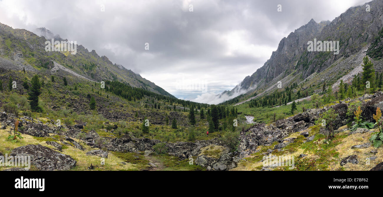 Panorama of a mountain valley river Zun-Handagay. Sayan mountains ...