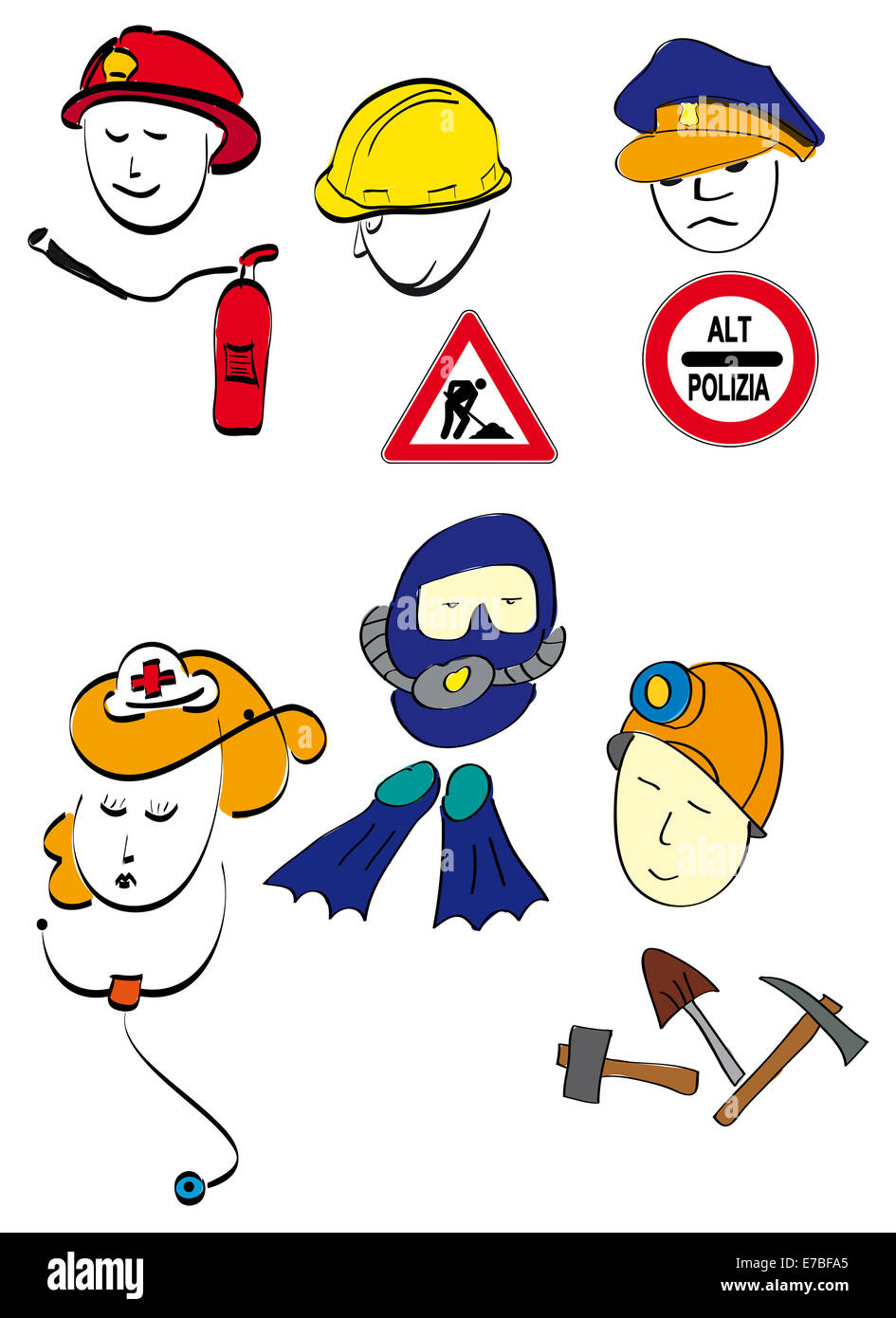 six characters and accessories that depict jobs and professions Stock ...