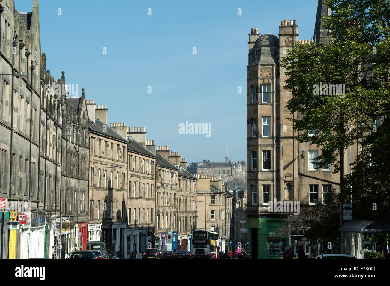 Street view of Bruntsfield Place looking towards Edinburgh Castle Stock ...