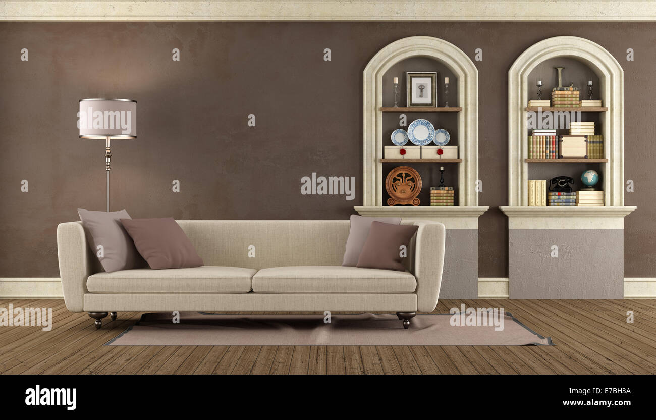 Vintage living room with modern sofa and arched niche - rendering Stock ...