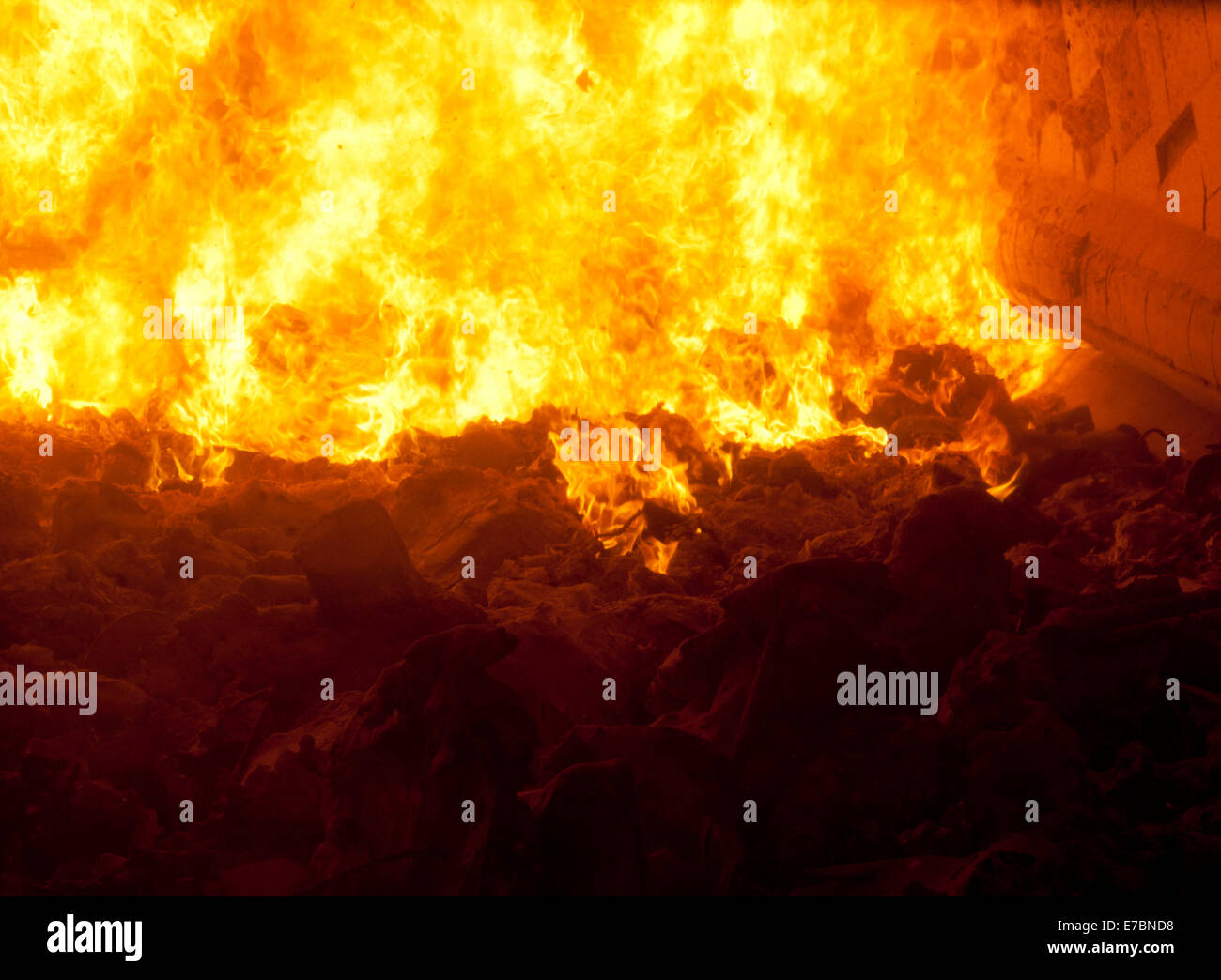 View through sight glass into furnace at SELCHP waste-fuelled power ...