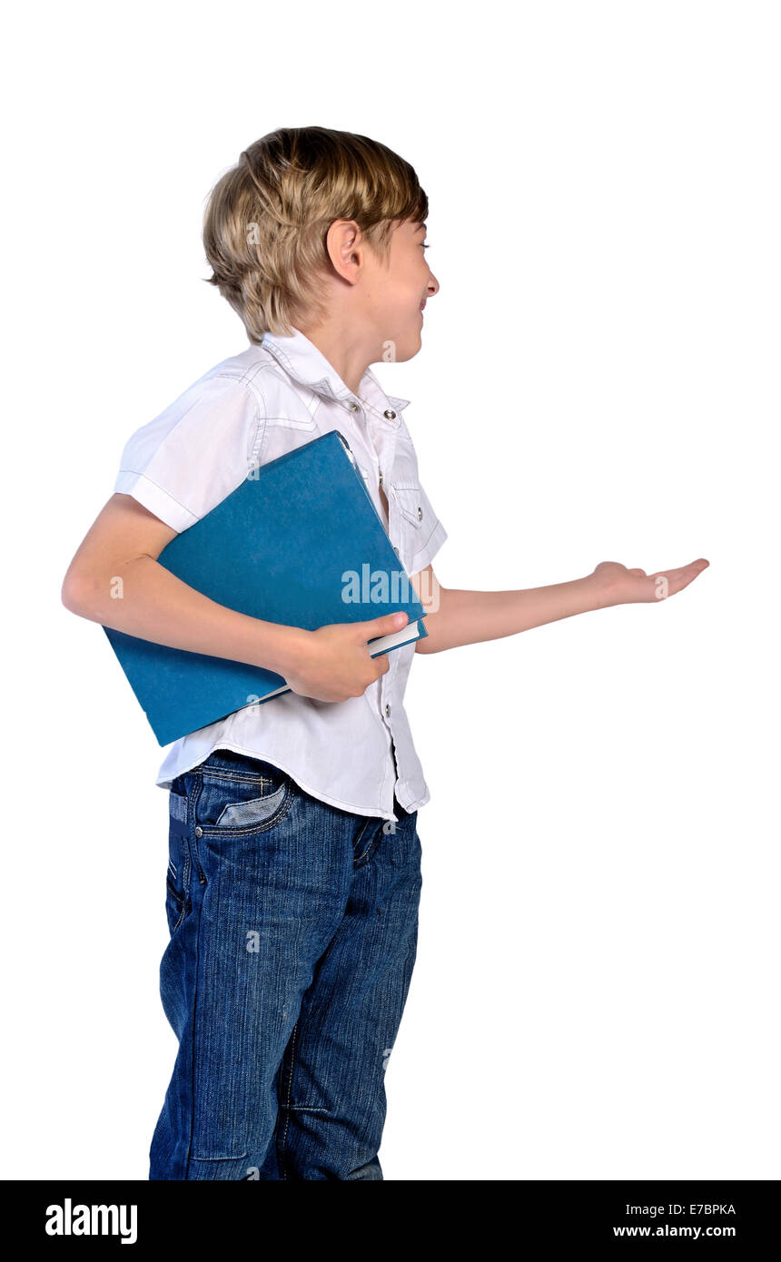 young child boy scholar on white background Stock Photo - Alamy