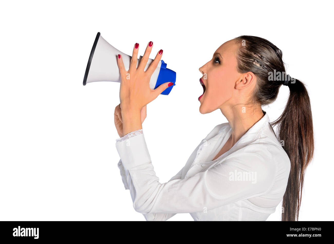 young woman yelling on speaker on white background Stock Photo - Alamy