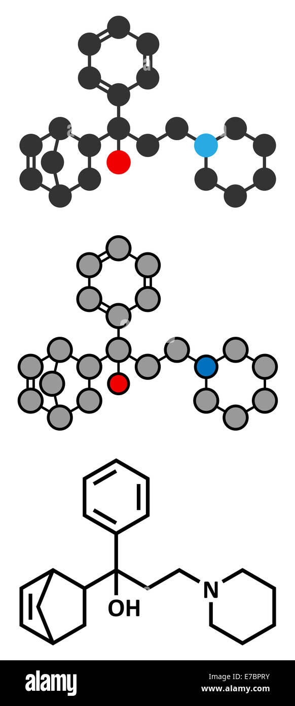 Biperiden Parkinson's disease drug molecule. Conventional skeletal ...