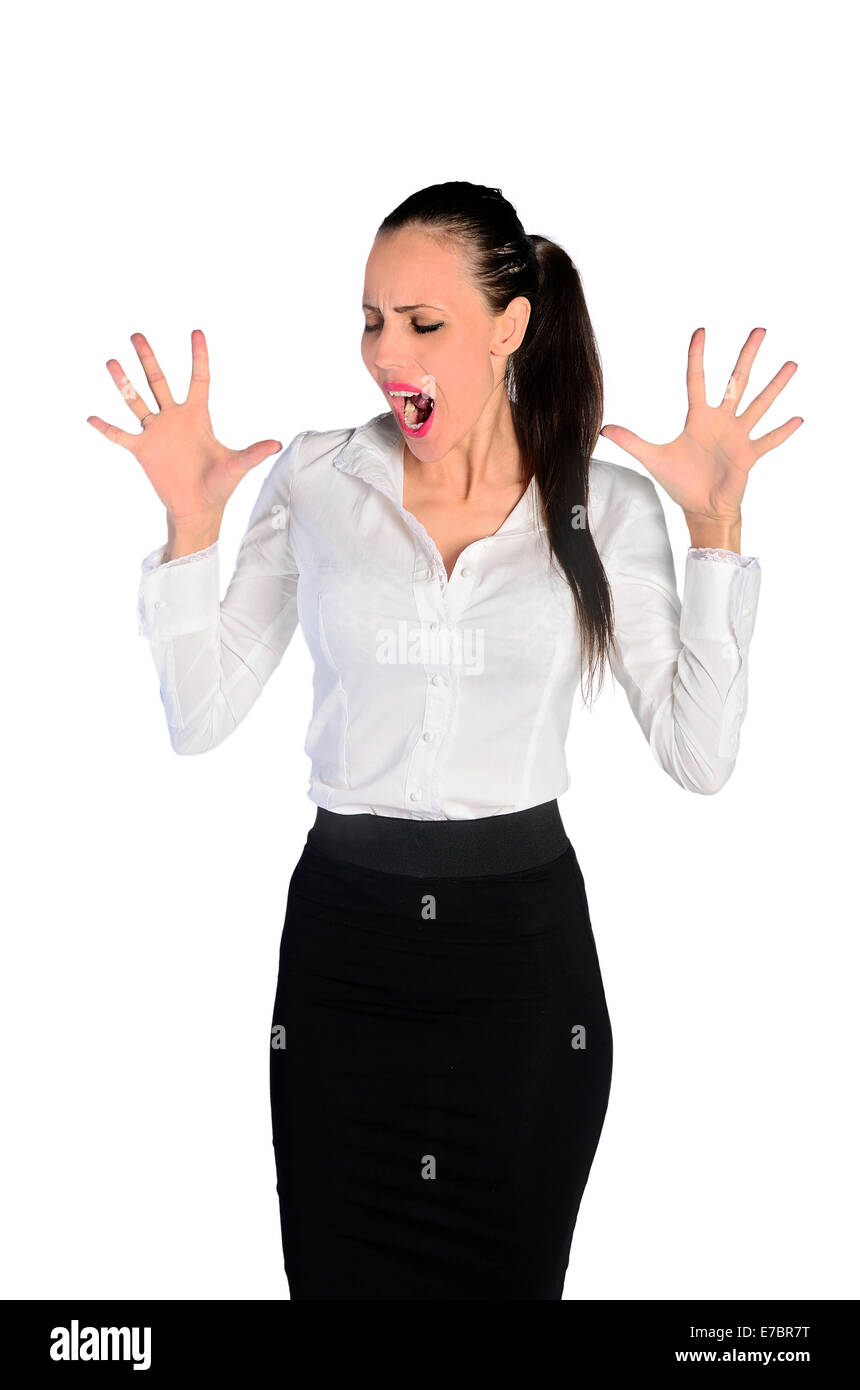 young woman feeling irritated on white background Stock Photo - Alamy