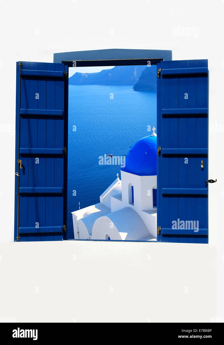 Open traditional Greek blue window on Santorini island, Greece Stock ...