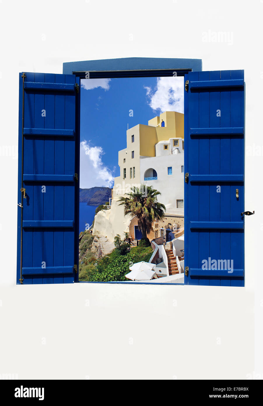 Open traditional Greek blue window on Santorini island, Greece Stock ...