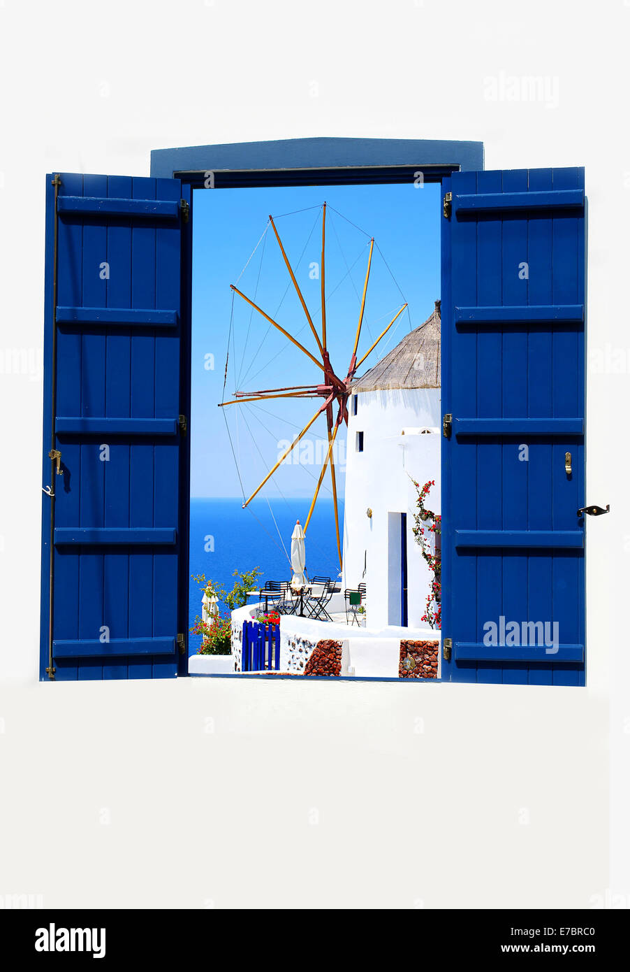 Open traditional Greek blue window on Santorini island, Greece Stock ...