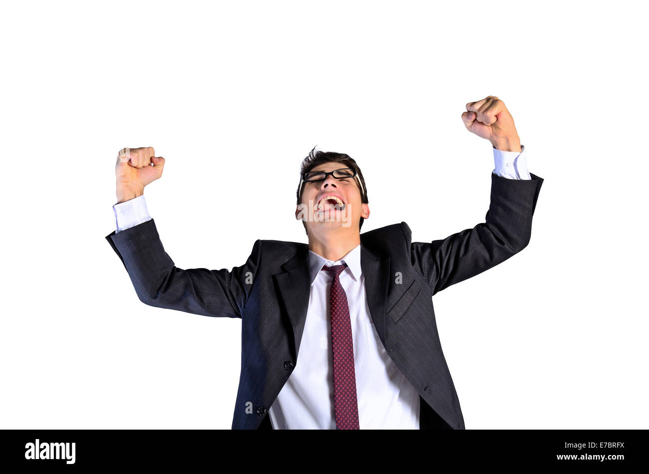 Young business man happy scream on white background Stock Photo - Alamy