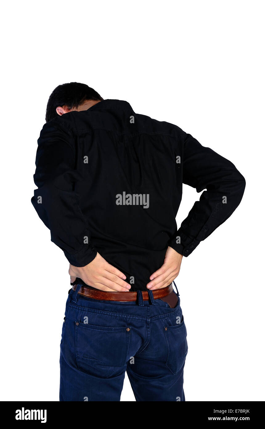 Isolated young business man back ache Stock Photo - Alamy