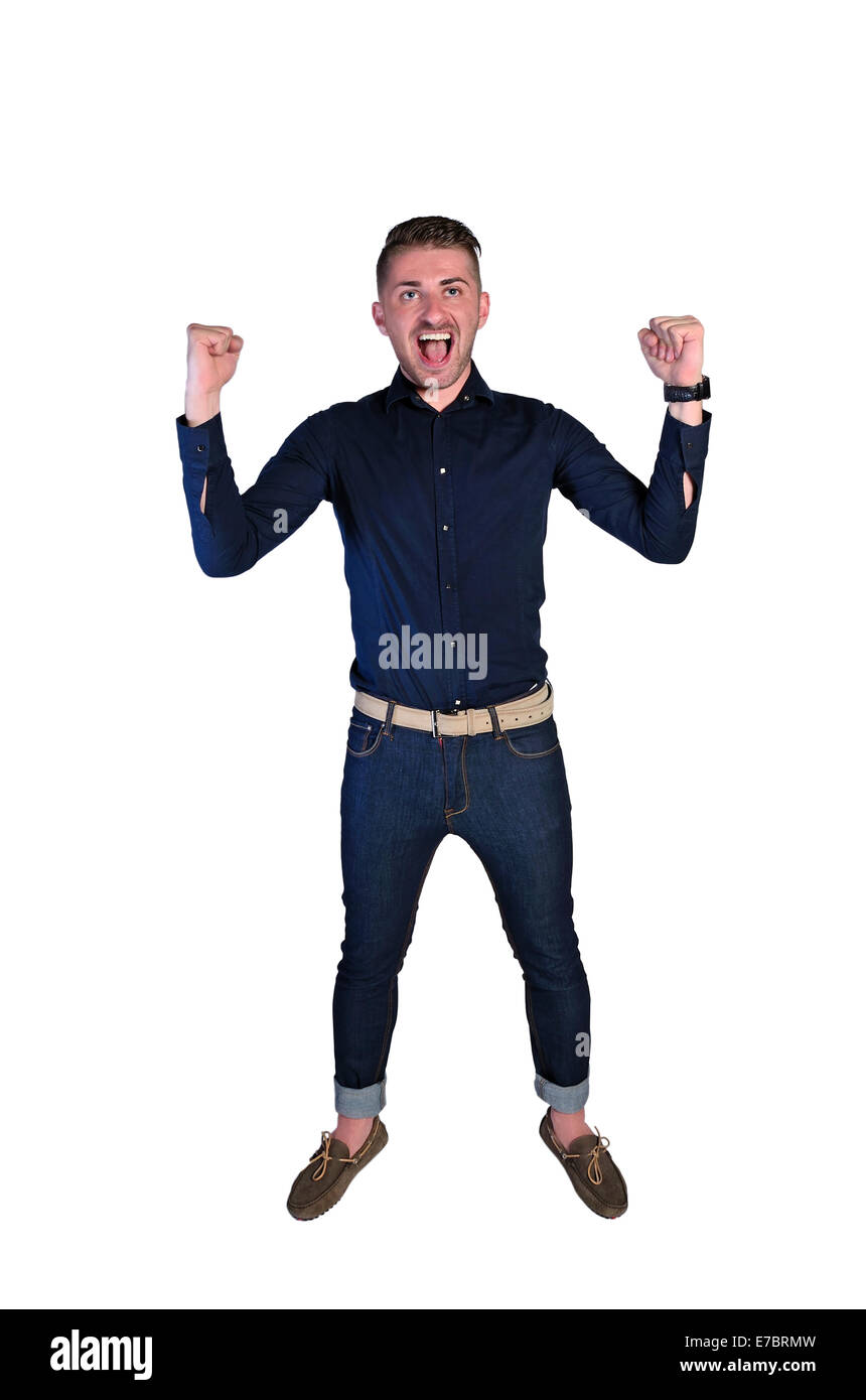 young man screaming victory on white background Stock Photo - Alamy