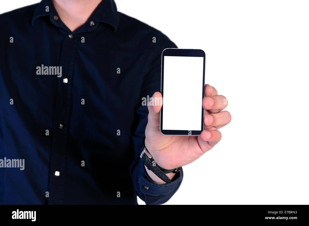 young man showing phone on white background Stock Photo - Alamy