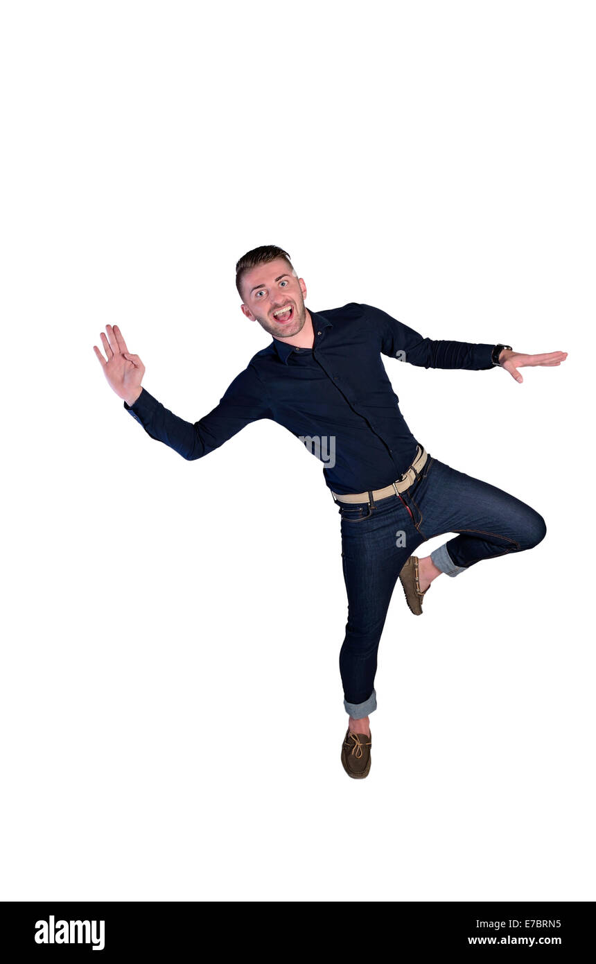 young man dancing happy on white background Stock Photo - Alamy