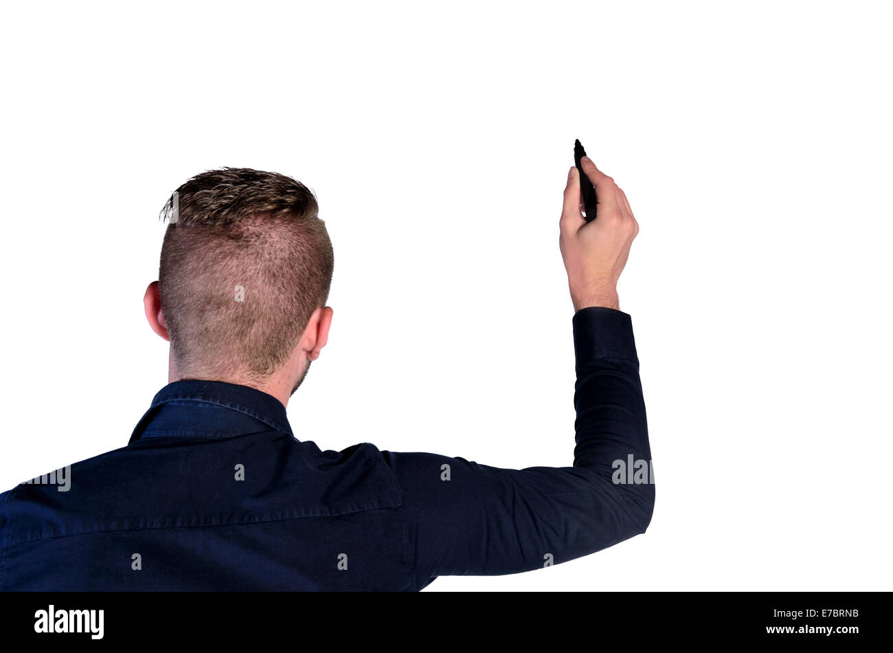 young man write marker on white background Stock Photo - Alamy