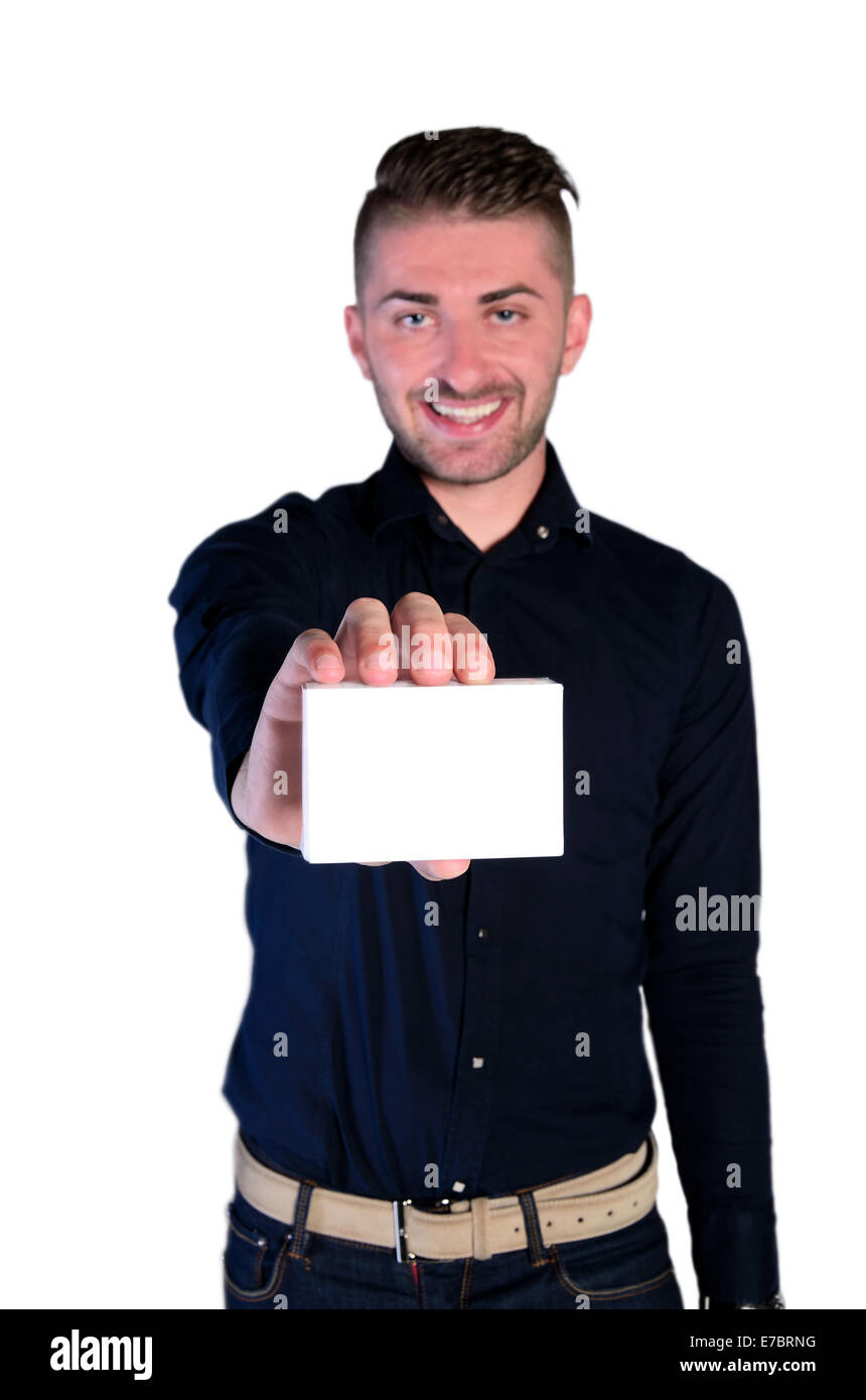 young man showing card on white background Stock Photo - Alamy