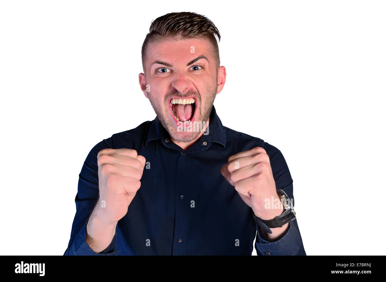 young man shouting victory on white background Stock Photo - Alamy
