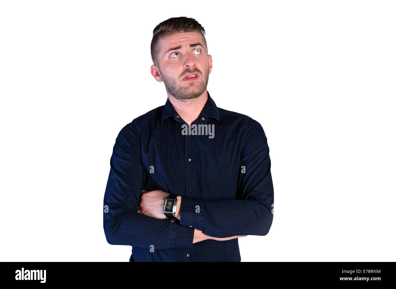 young man thinking problems on white background Stock Photo - Alamy
