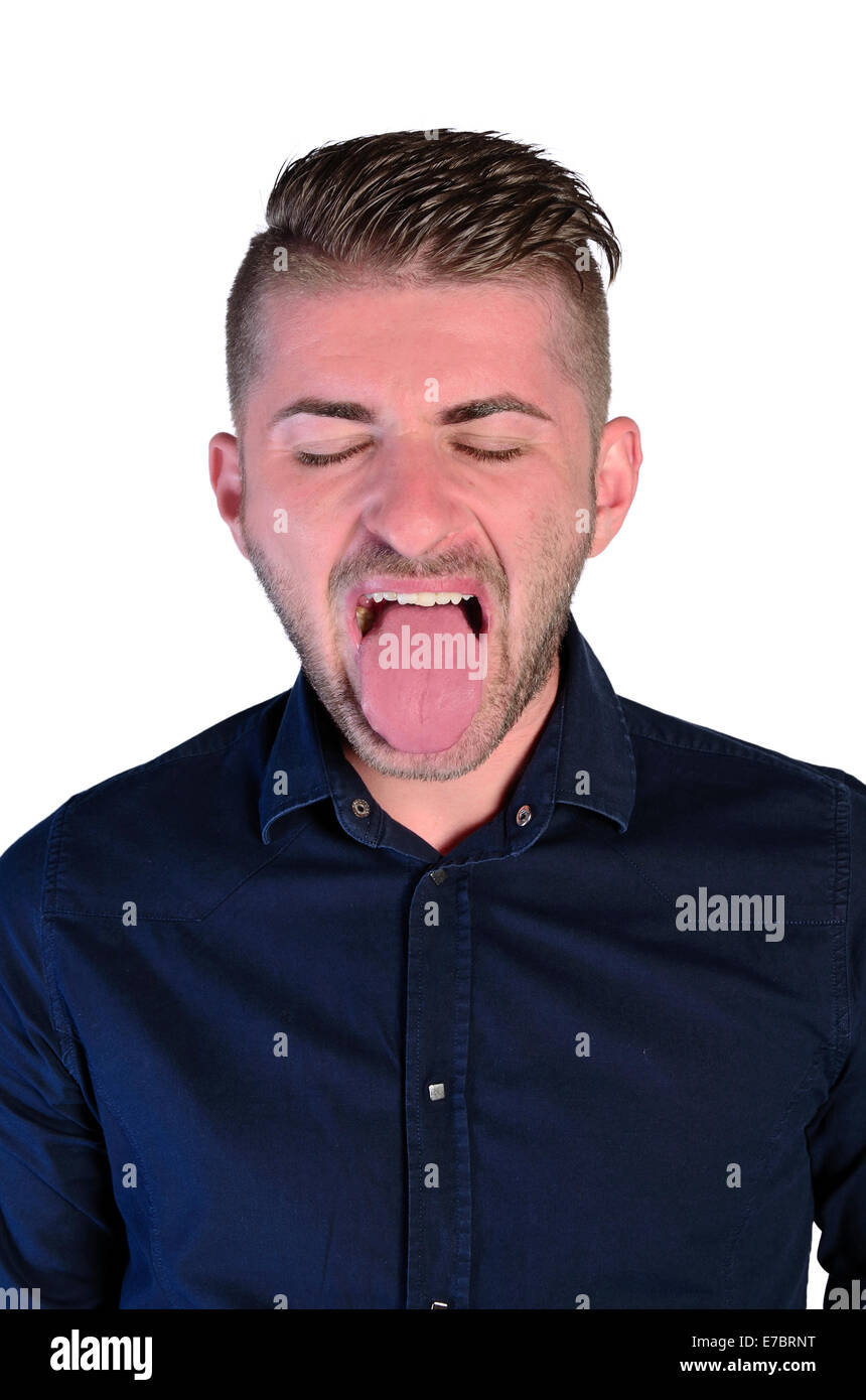 young man expression blah on white background Stock Photo - Alamy