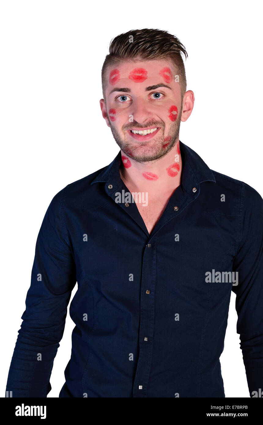 young man flirting red lips on white background Stock Photo - Alamy