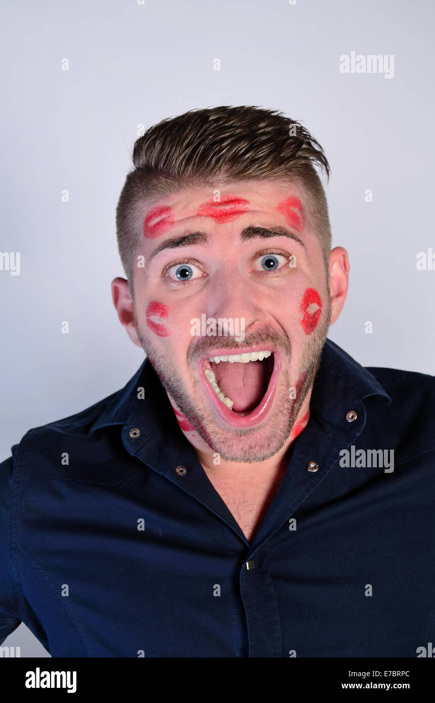 young man screaming print red lips face on white background Stock Photo ...