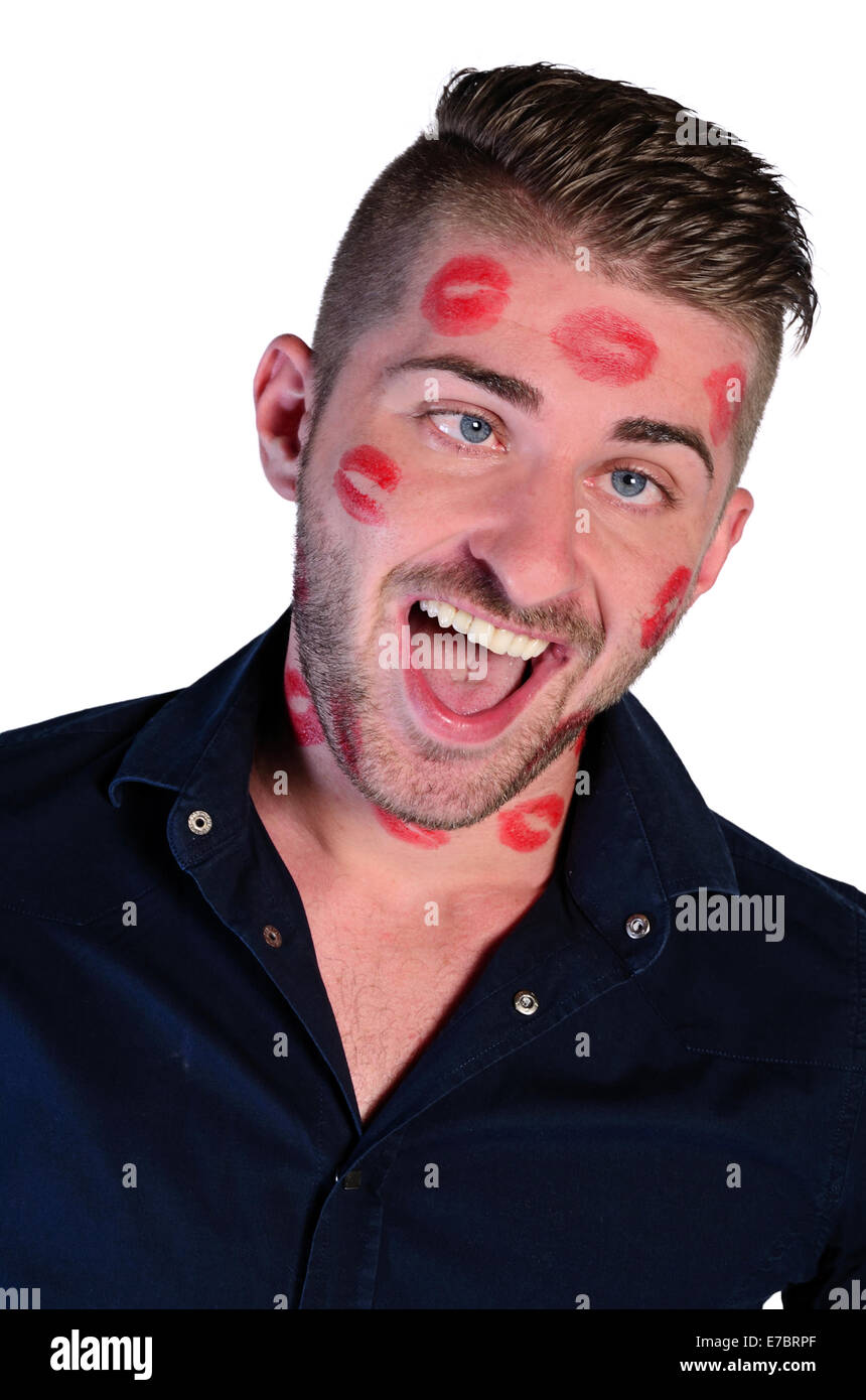 young man distracted red lips on face on white background Stock Photo ...