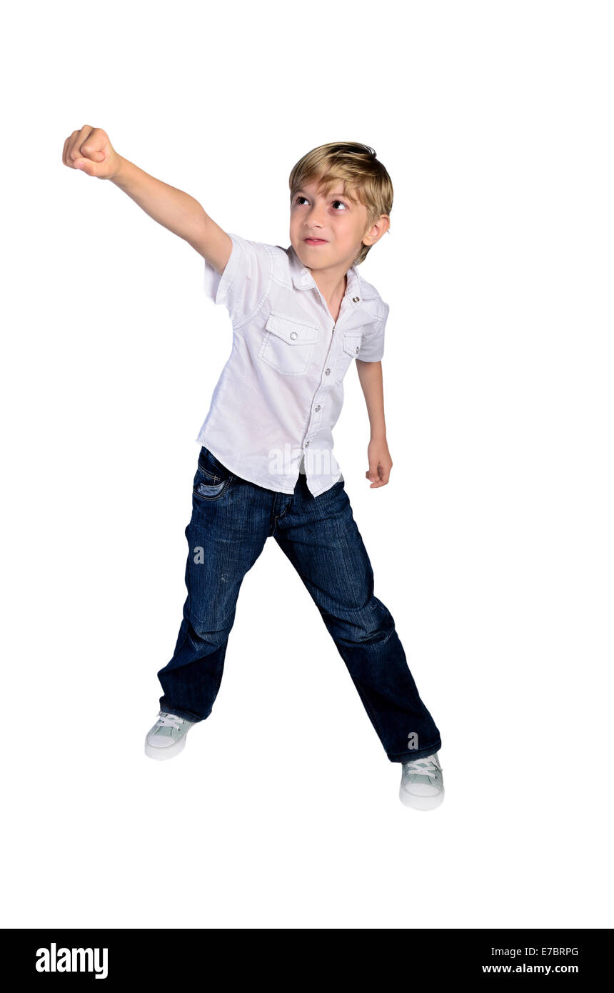 young child boy power on white background Stock Photo - Alamy